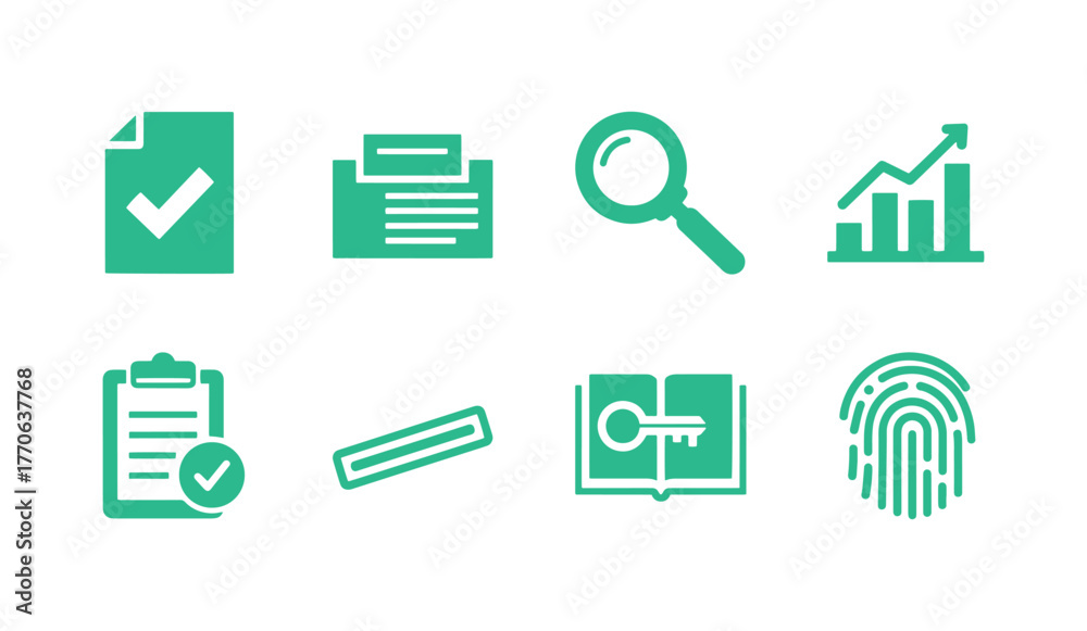 Minimalist green icons set for fact checking, business analysis and ...