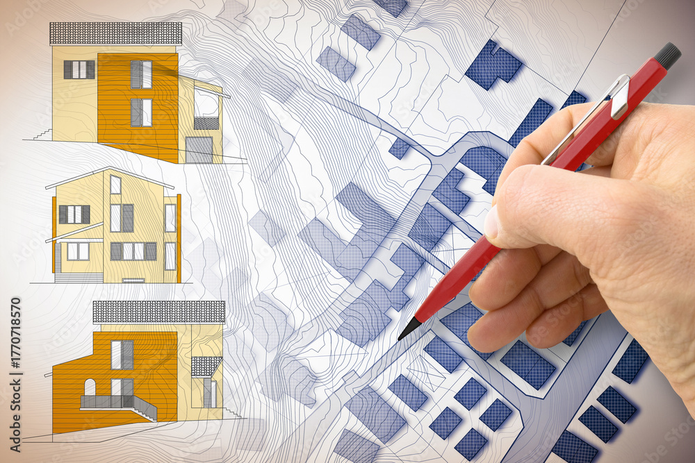 Architect drawing a new residential building over an imaginary ...