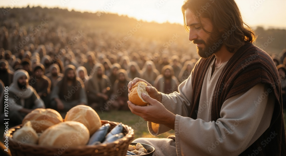 Photo Stock Jesus Christ feeding the multitude with loaves and fishes ...