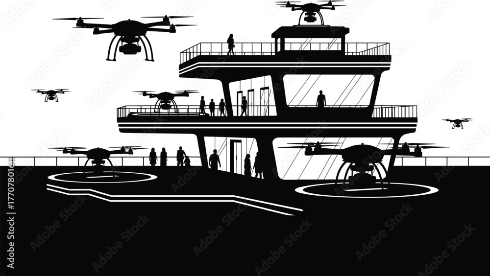 Drone control tower with people and landing drones, drone, unmanned ...