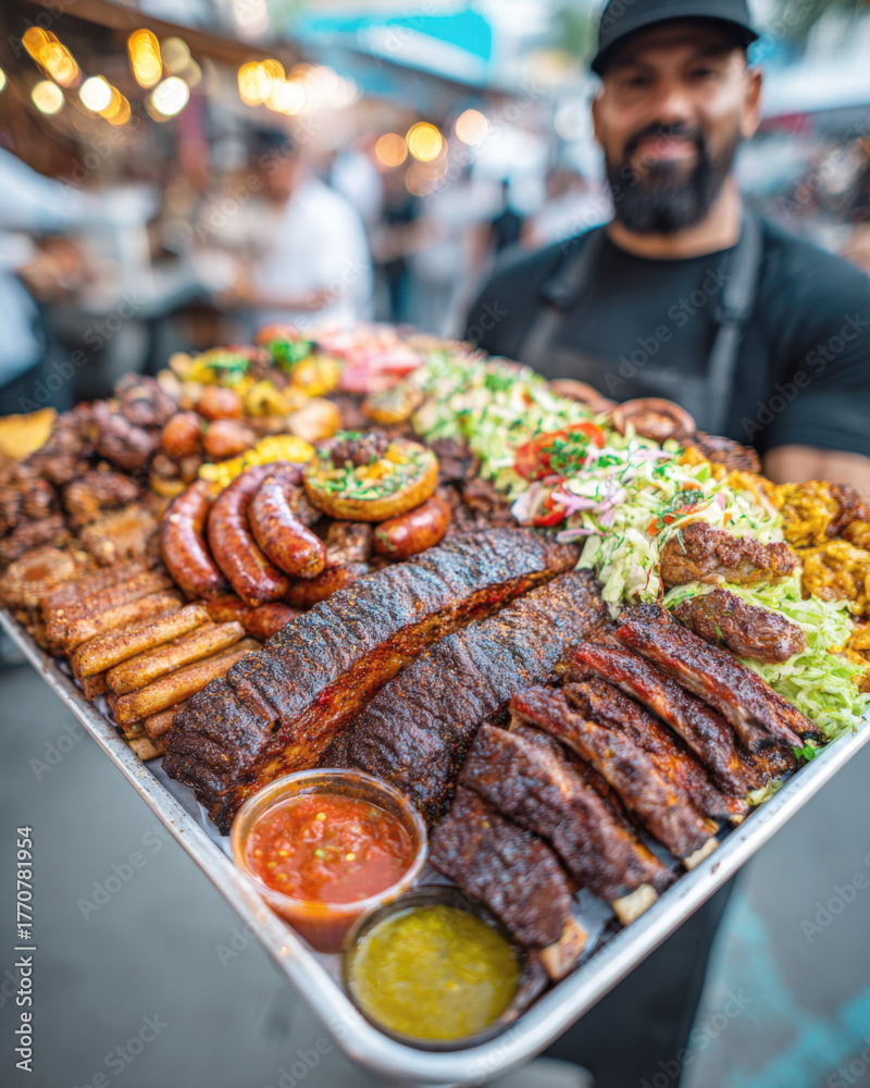 Grinning Chef Proudly Presents a Massive, Abundant Platter of Mixed ...