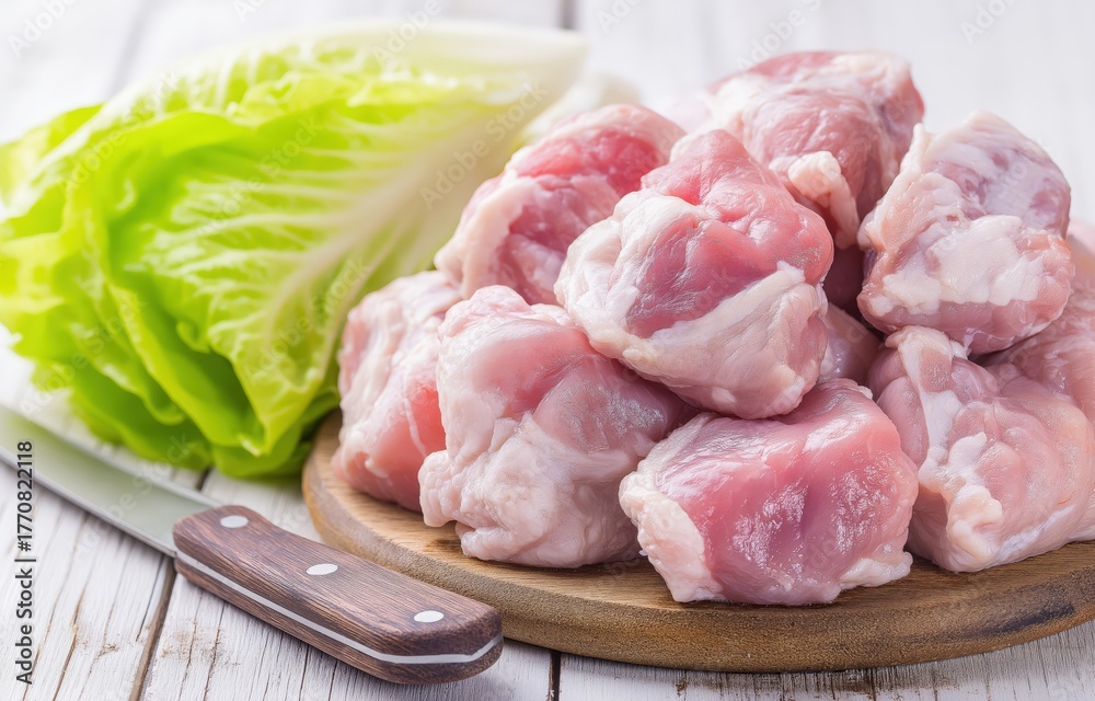 Raw pork chunks sit on a wooden cutting board next to fresh green ...