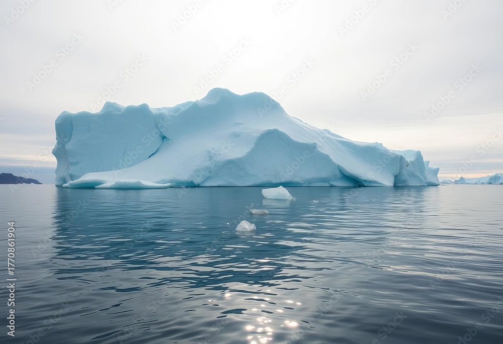 Massive iceberg afloat in calm bay waters, sunlight reflecting off its ...