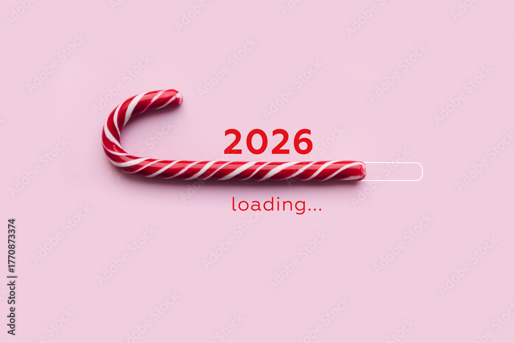 2026 loading progress with candy cane on pink background. Symbol of ...
