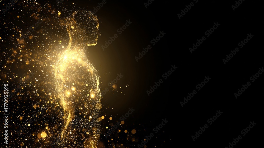 Golden human silhouette made of sparkling light particles in profile ...