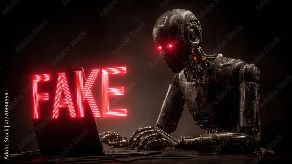 Artificial intelligence creating fake news. A robotic entity types fake ...