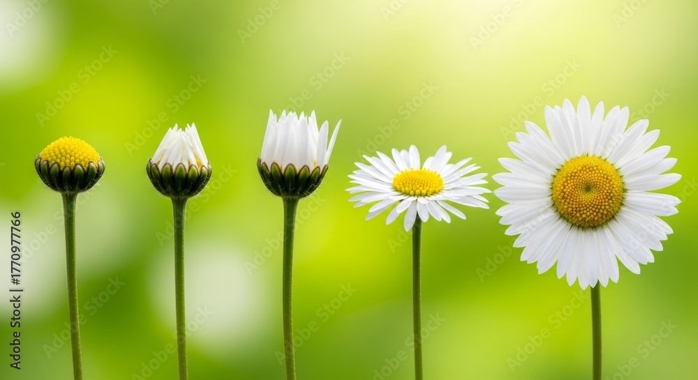 Growth stages of daisy blossoms: bud to full bloom on green background ...