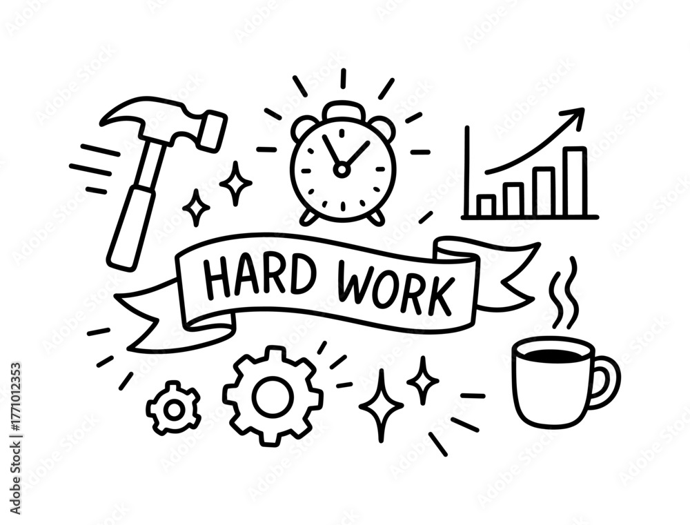 Hard work icons: linear style tools and motivation symbols for ...