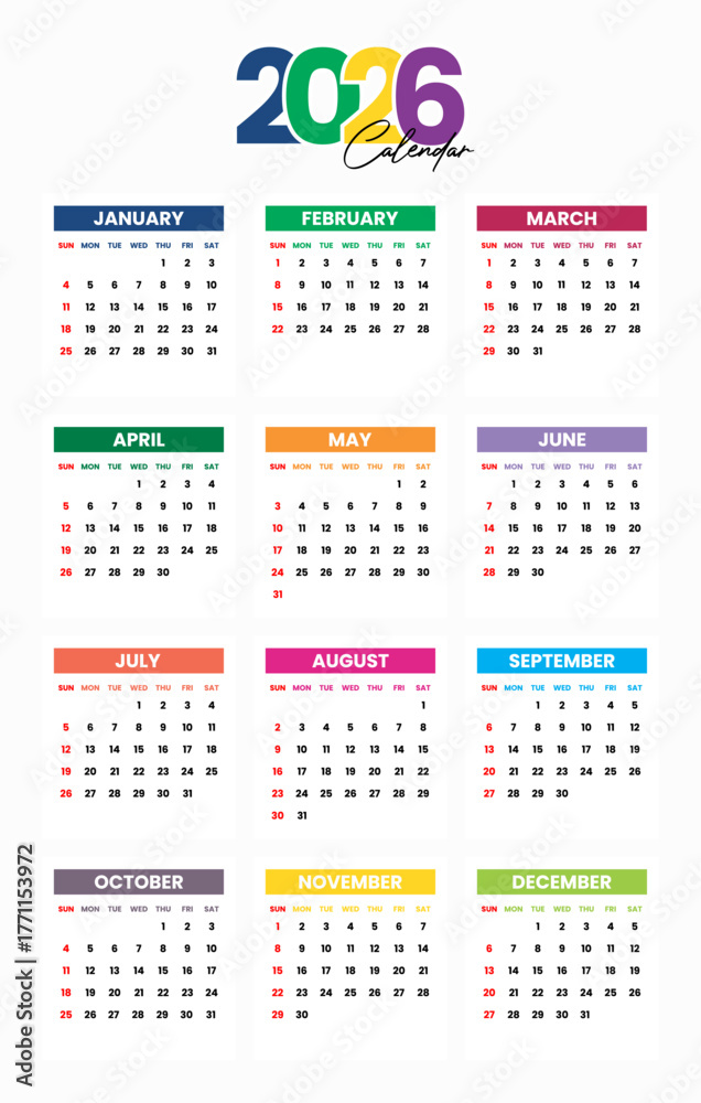 2026 Calendar Design .Full Year 2026 Calendar Template. Multi-Color ...