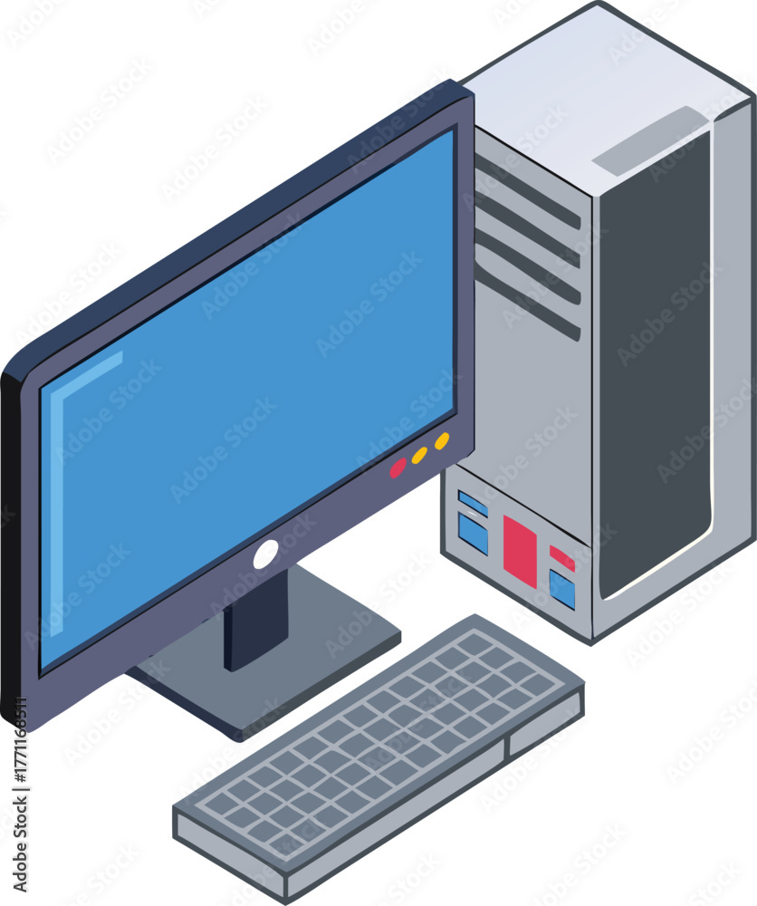Isometric illustration of a desktop computer setup with a monitor ...