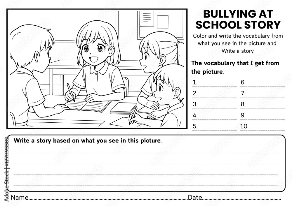 Illustrazione stock di Bullying at School story writing worksheets for ...