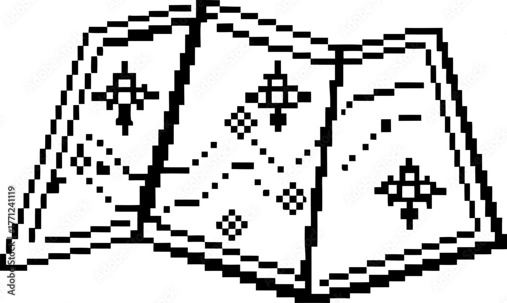 Pixel art treasure map icon with dotted path and marked locations ...