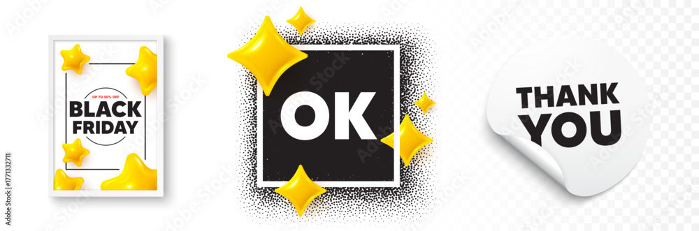 OK photo frame 3d stars. Thank you sticker banner. OK text tag ...