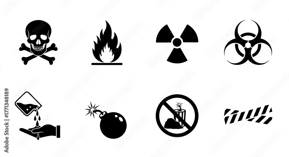 Стоковий вектор Hazardous Material Warning Icons Representing Danger ...