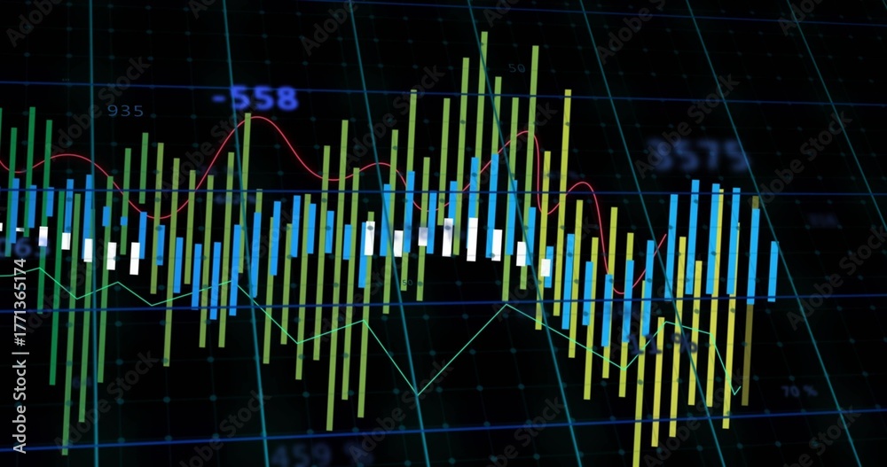 Displaying chart showing bars and trend lines on trading platform, with ...