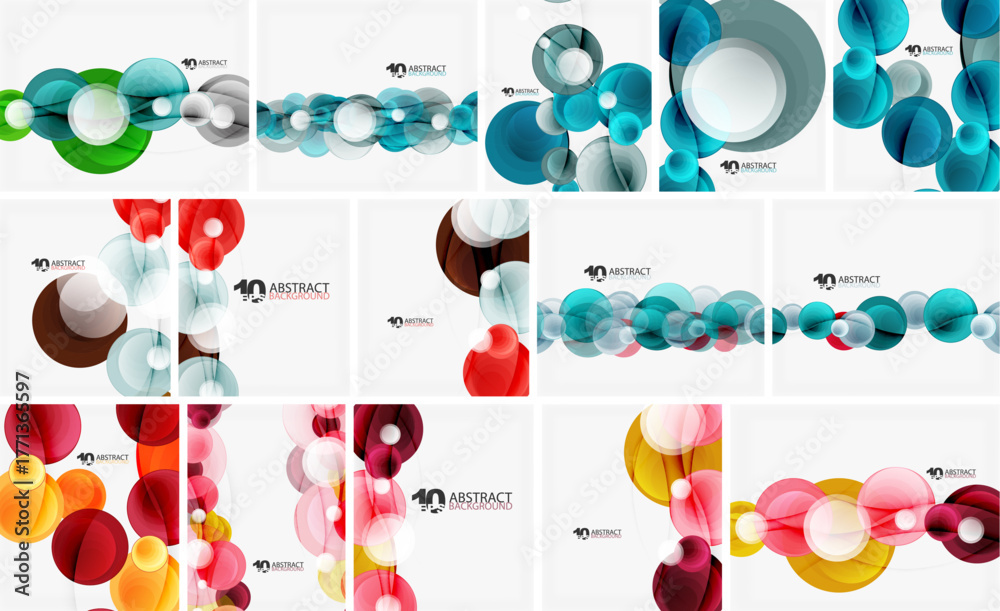 Colorful abstract designs. Circles, lines, shapes create modern visuals. Bright hues dominate ...