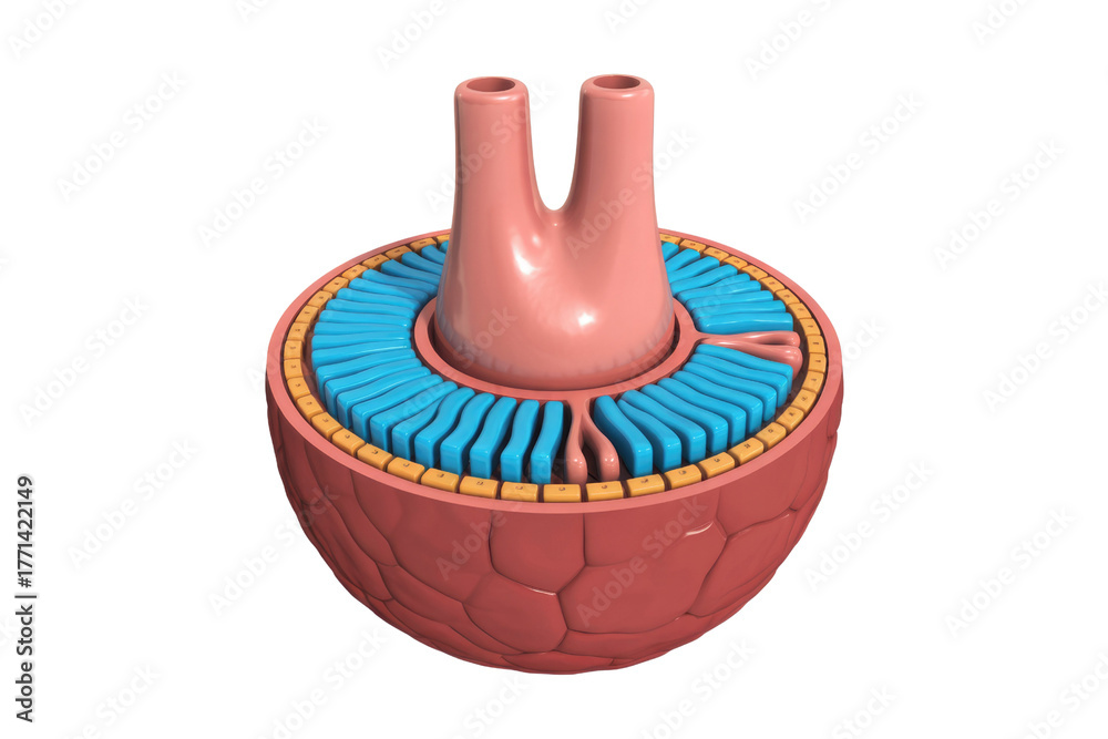 A 3D cross-section showing an organ's internal structure: central ...
