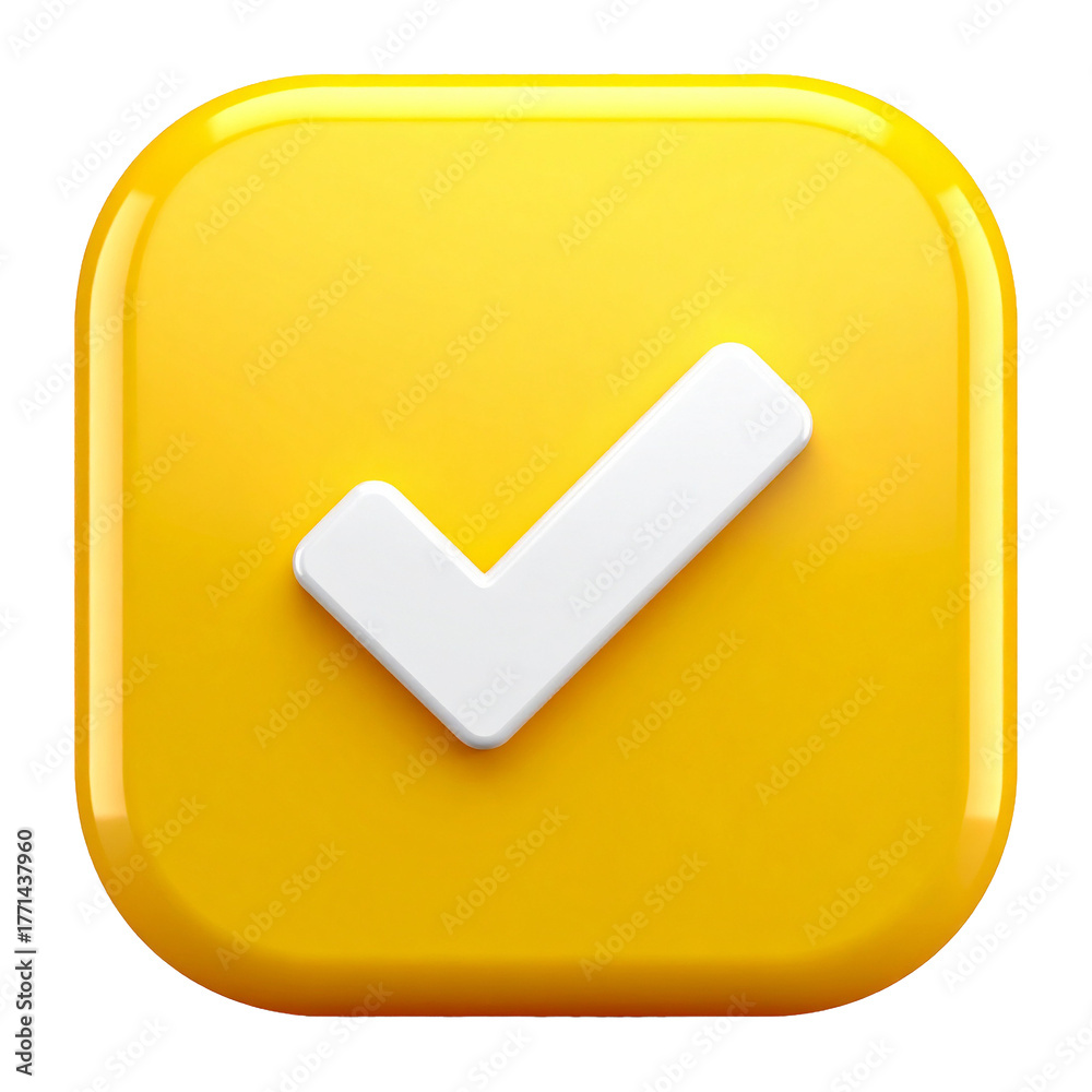 Symbol of Completion: A minimalist digital image of a 3D yellow square ...