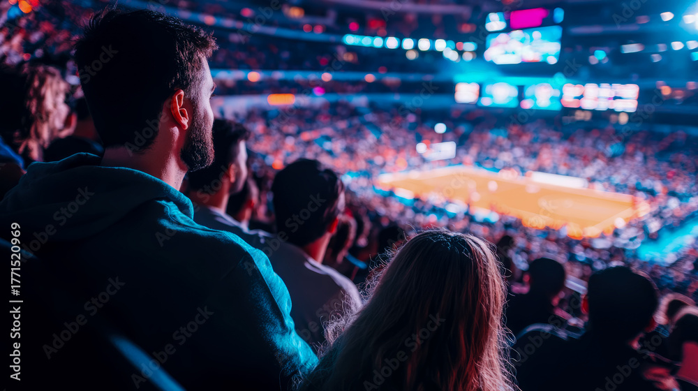 Thrilled spectators captivated by vibrant action of live basketball ...