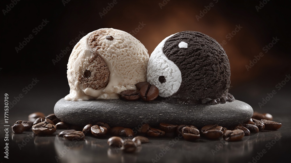 Yin and Yang: two ice cream scoops on a stone surrounded by coffee ...