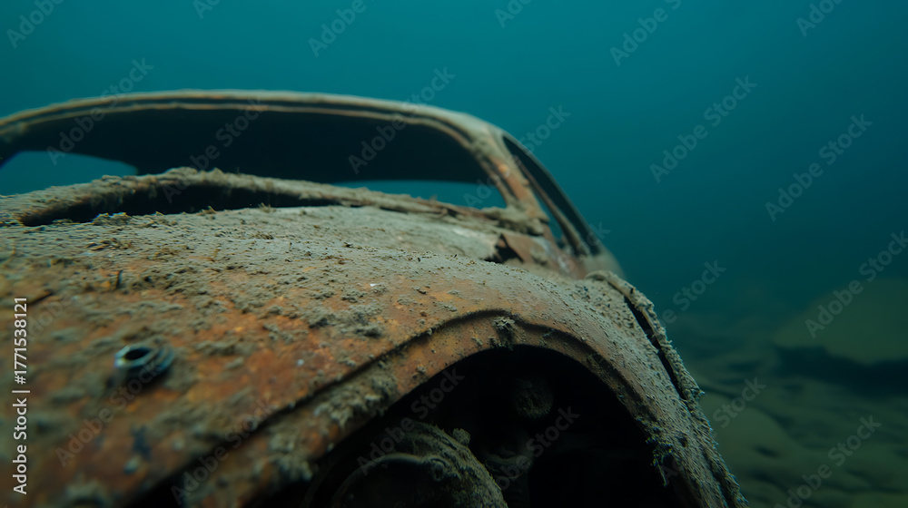 Submerged automotive relic underwater. An old, rusted car lies at the ...