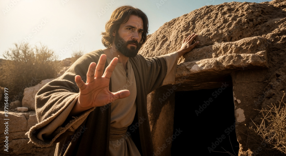 Jesus Christ at the tomb of Lazarus in a biblical scene. The ...