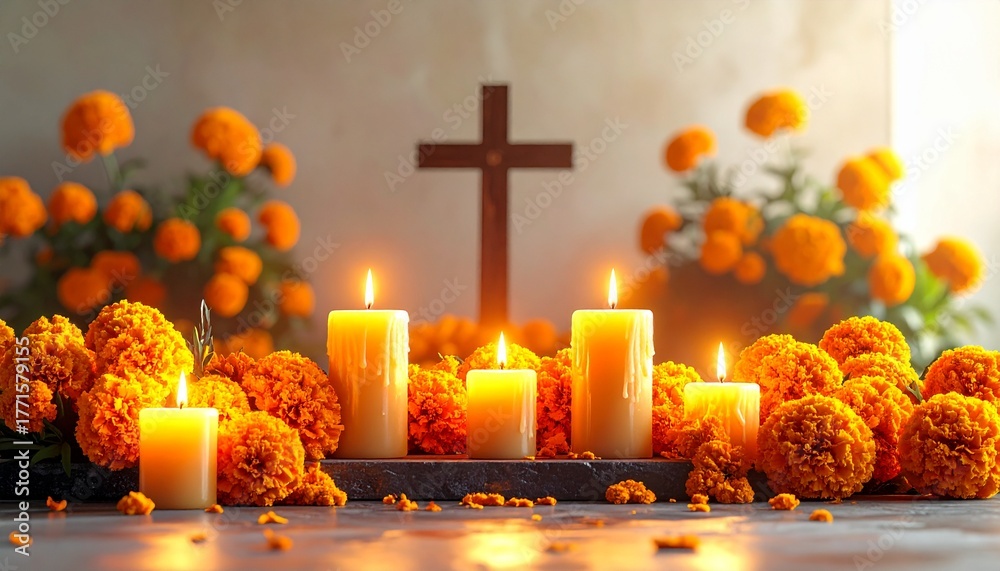 All Souls Day Altar with Glowing Candles, Orange Marigold Flowers, and ...