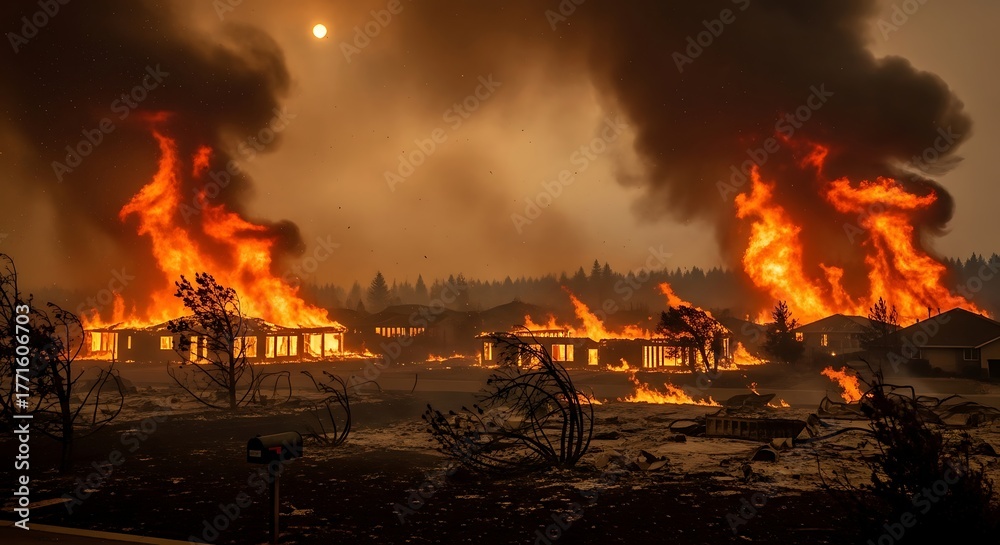 Foto de Stock Devastating wildfire consumes homes and property, leaving ...