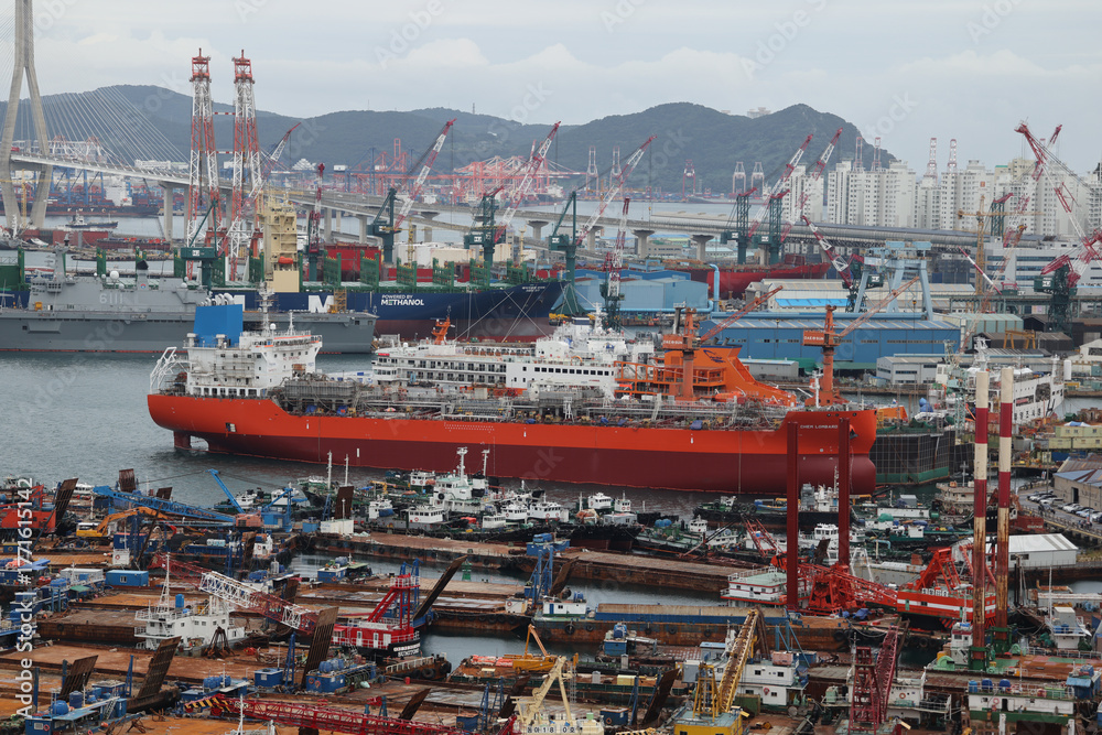 BUSAN, SOUTH KOREA - OCTOBER 9, 2025 - Busan port overview with many ...