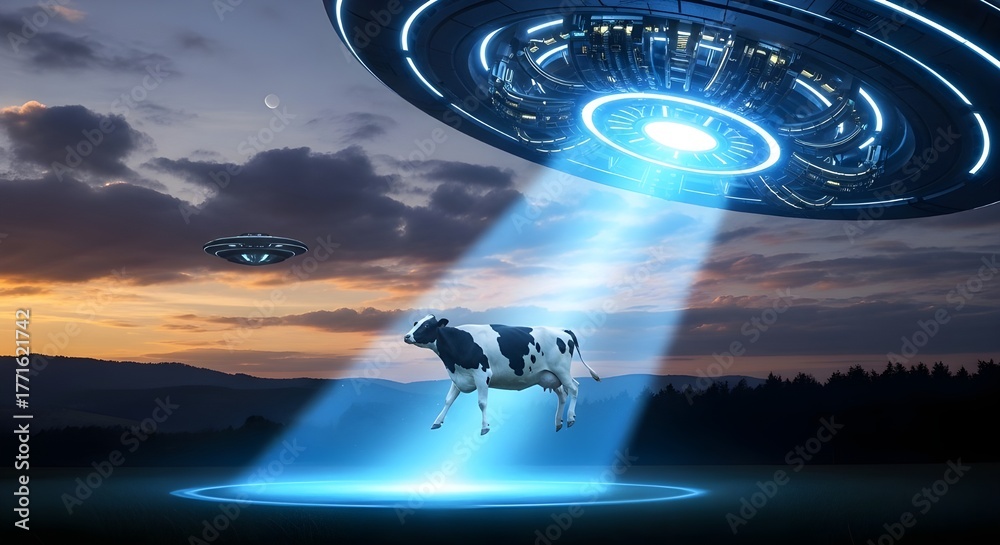 Photorealistic UFO Abducting Cow – Intricate Sci-Fi Digital Art with ...