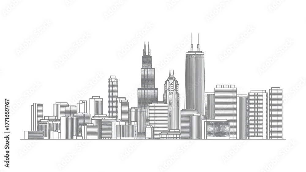 Urban Skyline Silhouette: A clean, minimalist line drawing captures the ...