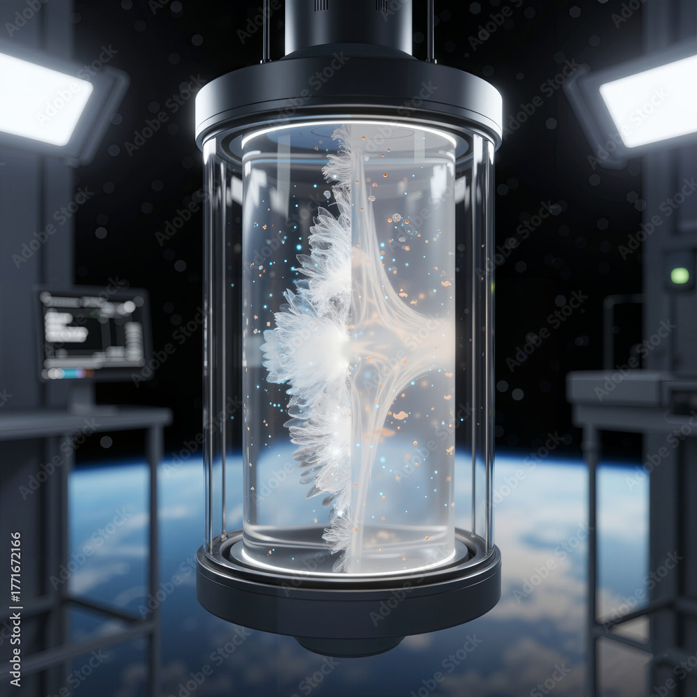 Ilustración de Stock Futuristic microgravity biological experiment ...