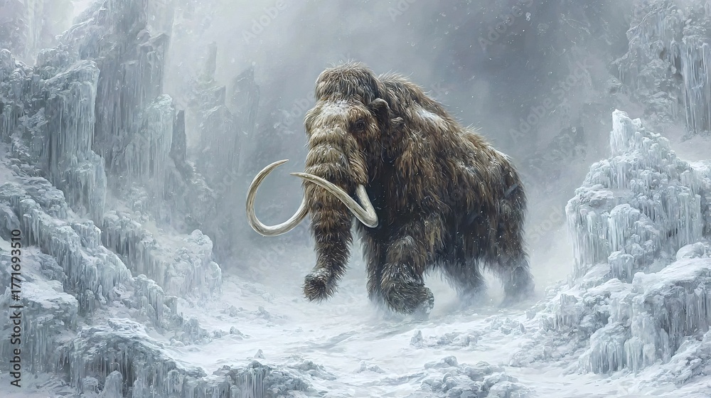Woolly mammoth with massive curved tusks strides through a frozen snow ...