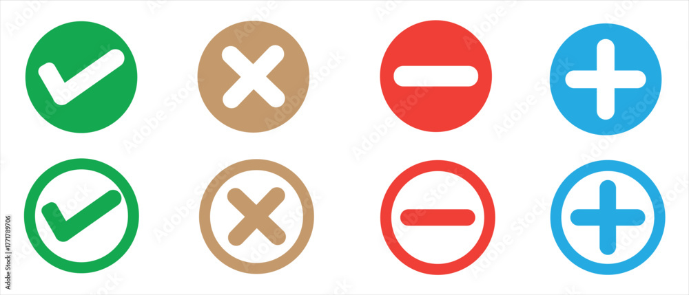 Colorful check, cross, plus, and minus icon set — modern vector symbols ...