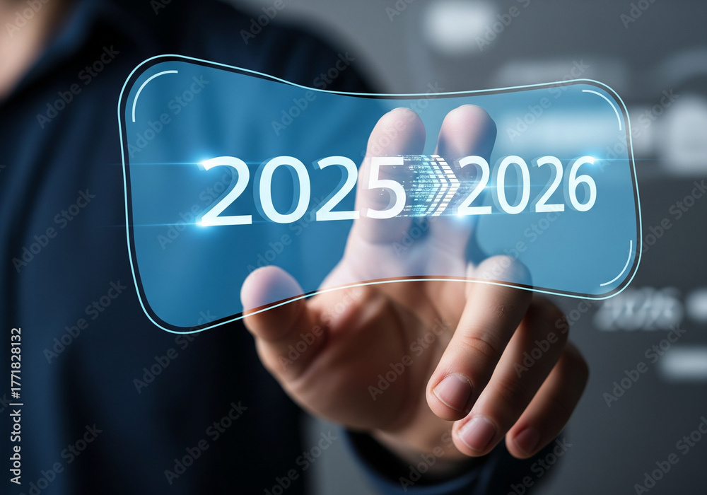 Futuristic touchscreen interface displays 2025 and 2026 dates signaling ...
