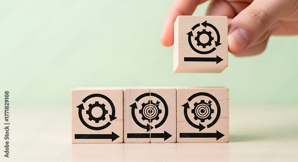 Wooden blocks with process symbols representing workflow and continuous ...