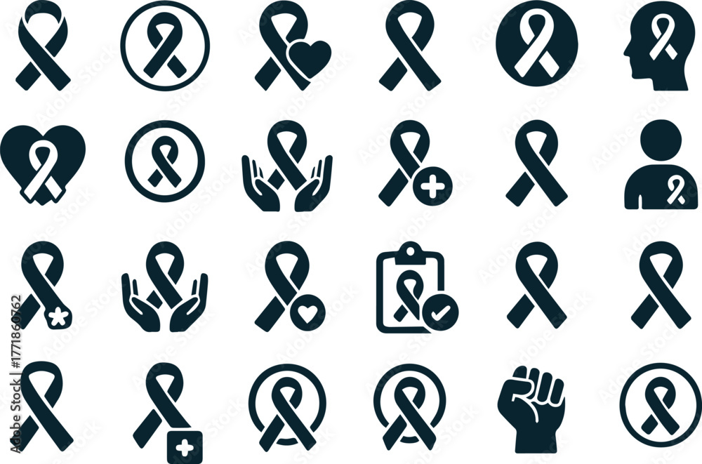 Collection of cancer awareness ribbons and support symbols for health ...