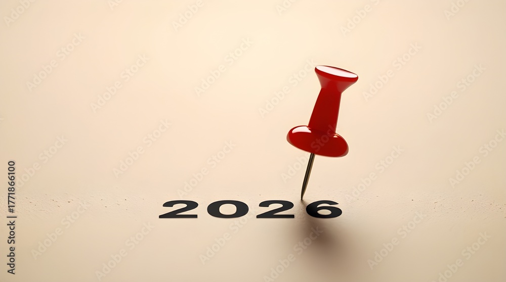 Red pin marks year 2026 on brown paper. Stock Photo | Adobe Stock