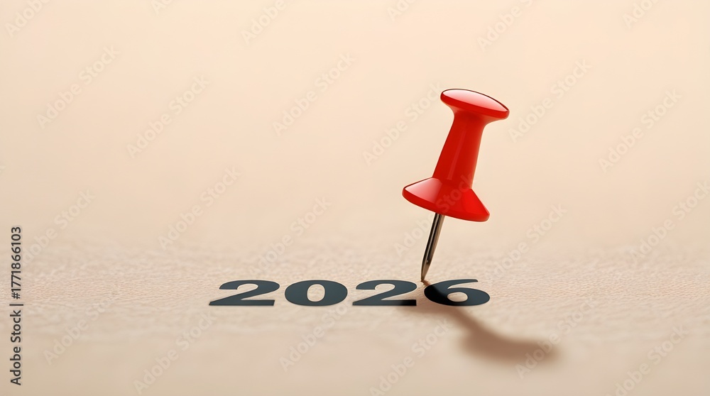 Red pin marks year 2026 on brown paper. Stock Photo | Adobe Stock