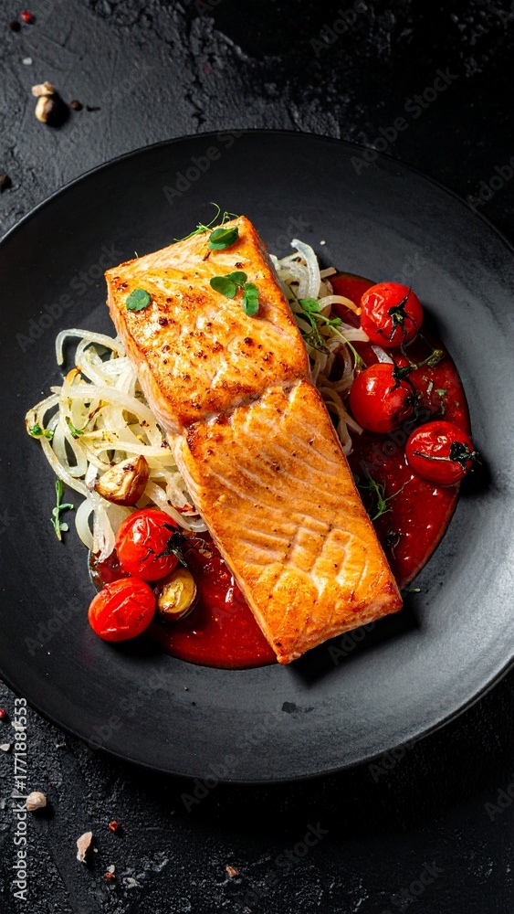 Fine Dining Salmon Fillet Seared with Roasted Cherry Tomatoes and ...