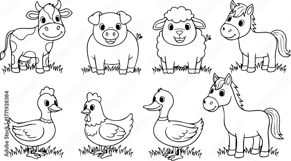 Farm animals line art vector collection featuring cow pig sheep horse ...