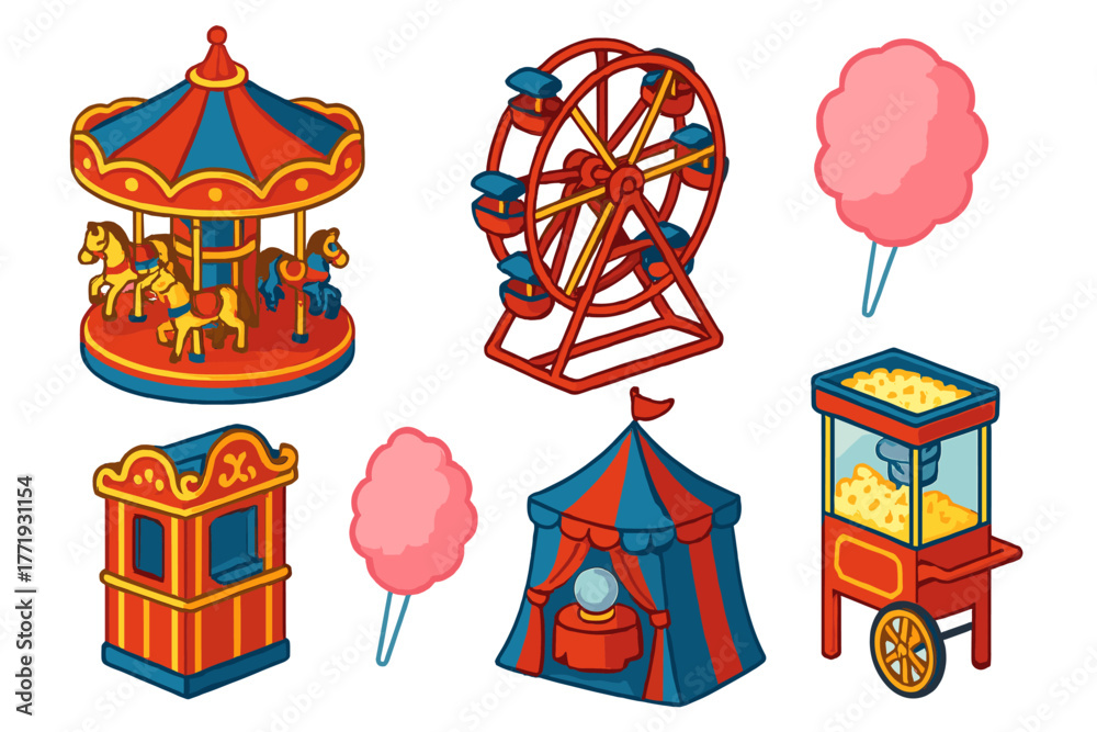 Vintage Carnival Icons. Isometric vector illustration set Vintage ...