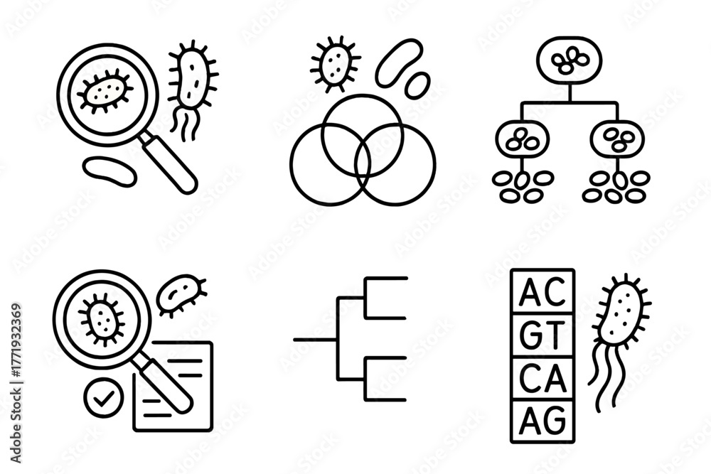 Microbiology Line Icons. Line style icons of microbiology: microbial ...