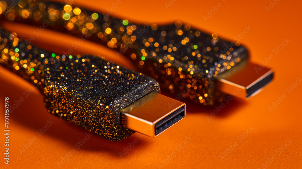 Two glittering black and gold standard digital video cables with orange ...