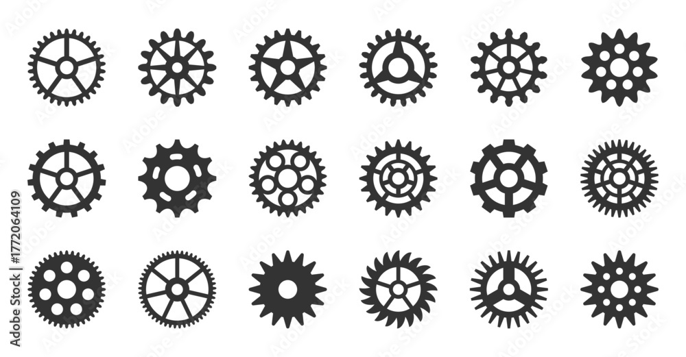 Vektor Gears and cogwheels black silhouette icon set. Different outline ...