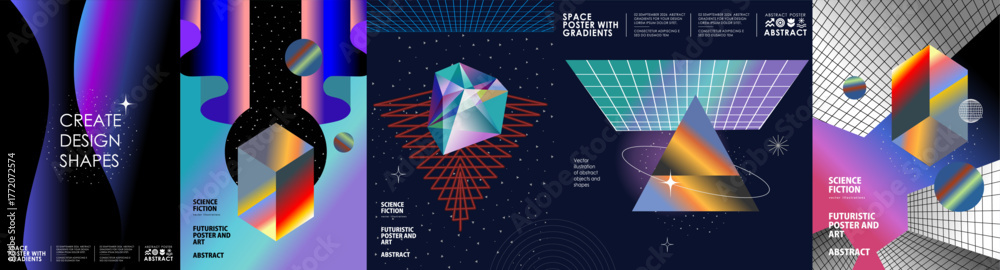 Stock-Vektorgrafik „Futuristic gradient poster designs with abstract geometric shapes, collage ...