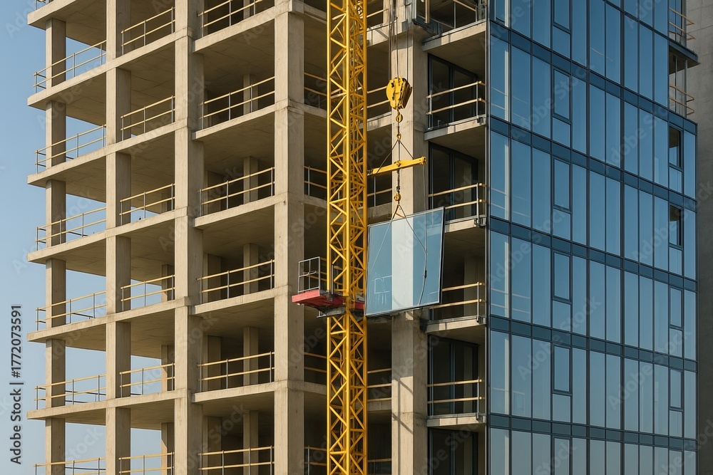 Highrise building under construction with workers installing glass ...