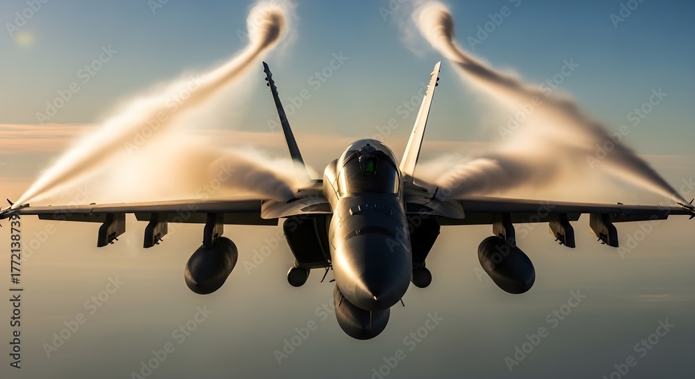 Fighter Jet Flying Towards Viewer, Generating Impressive Vapor Cones ...