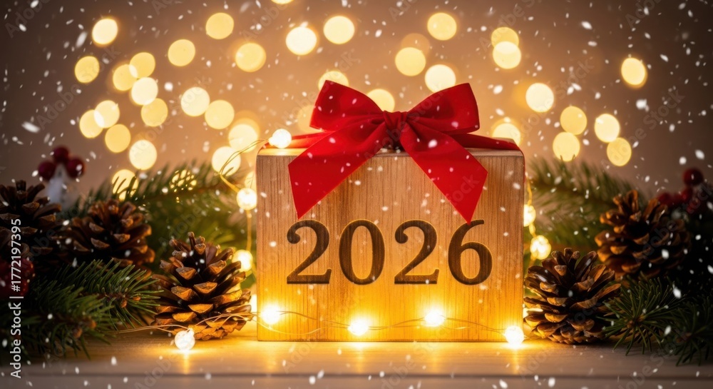 2026 calendar year celebration with christmas lights and pine cones ...
