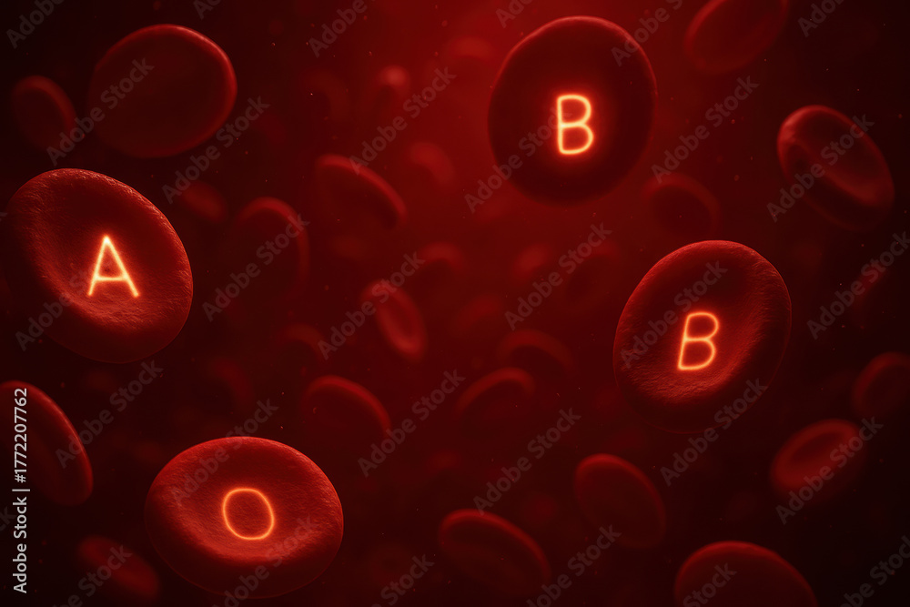 Red blood cells with blood type labels A, B, and O are depicted in dark ...